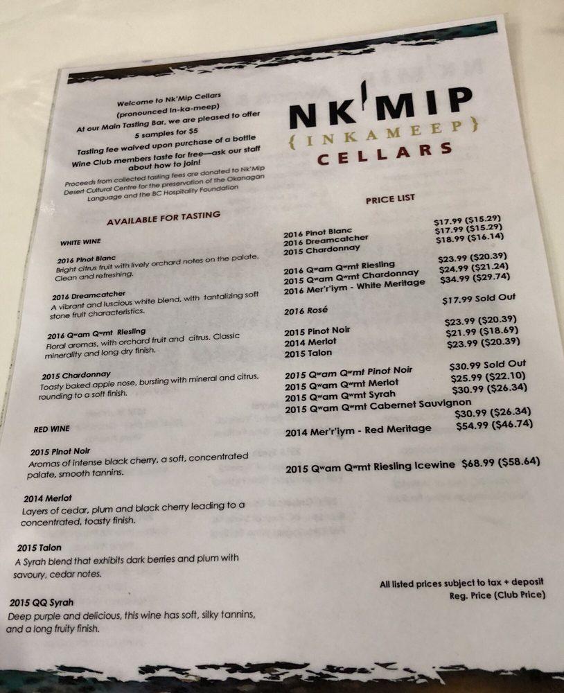 Menu at Nk'Mip Cellars pub & bar, Osoyoos
