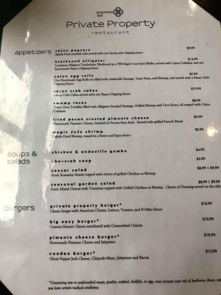 Menu at Private Property restaurant, Lexington