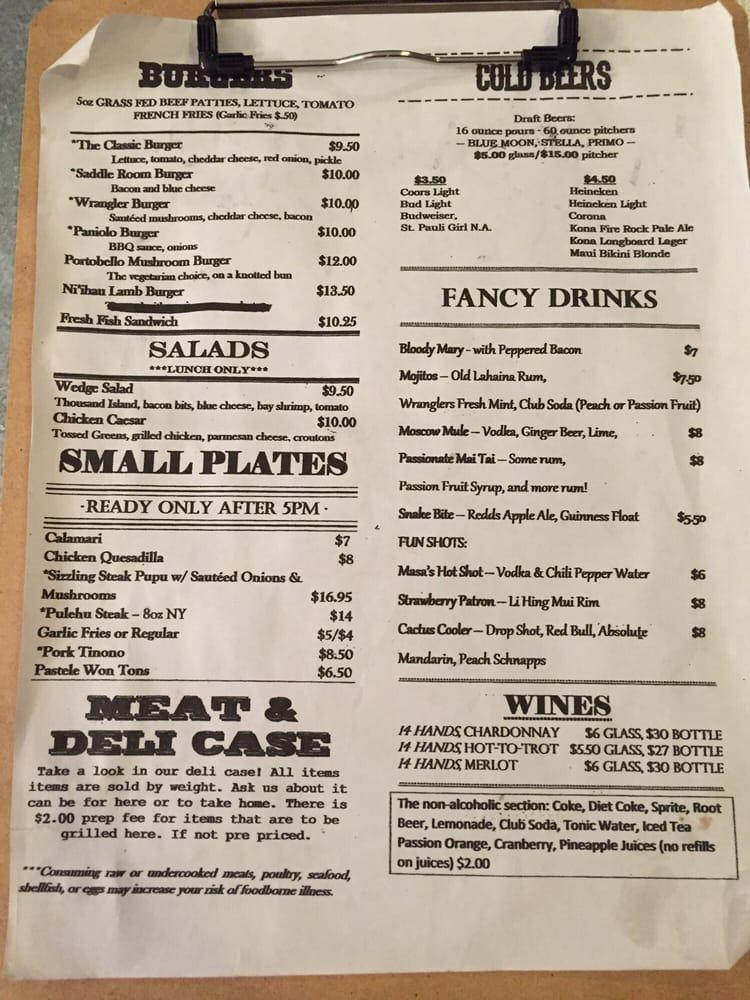 Menu at The Saddle Room pub & bar, Waimea, Kaumualii Hwy
