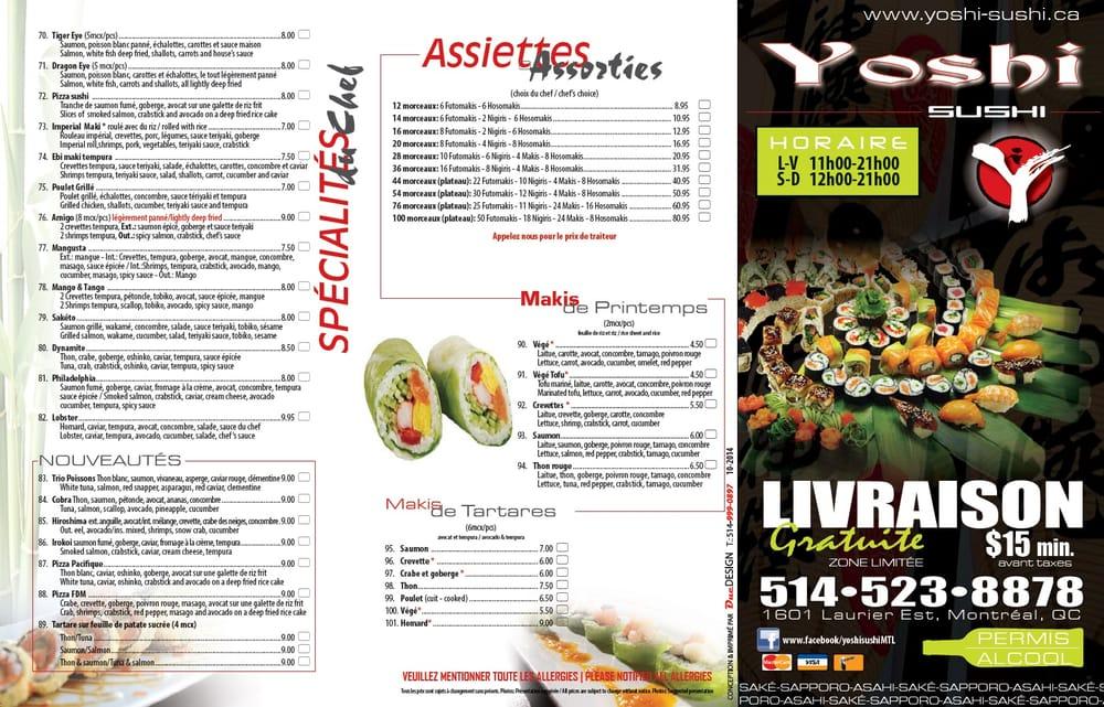 Menu at Yoshi Sushi restaurant, Montréal