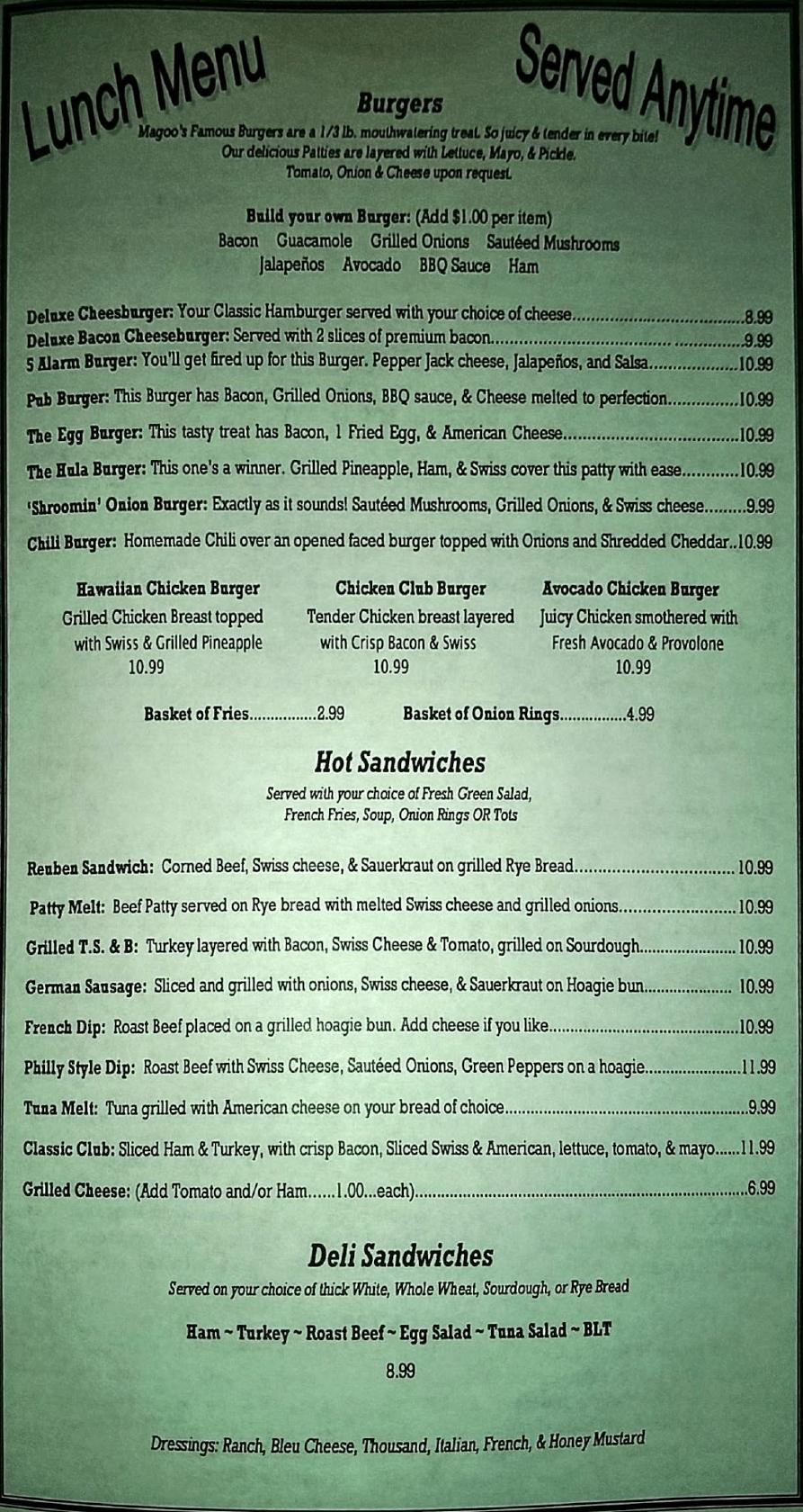 Menu at Magoo's Restaurant, Omak
