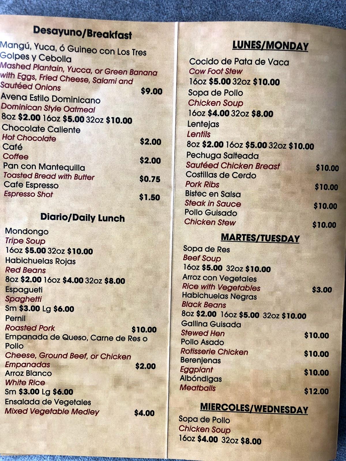 Menu at Sazon Dominicano Restaurant, Rahway