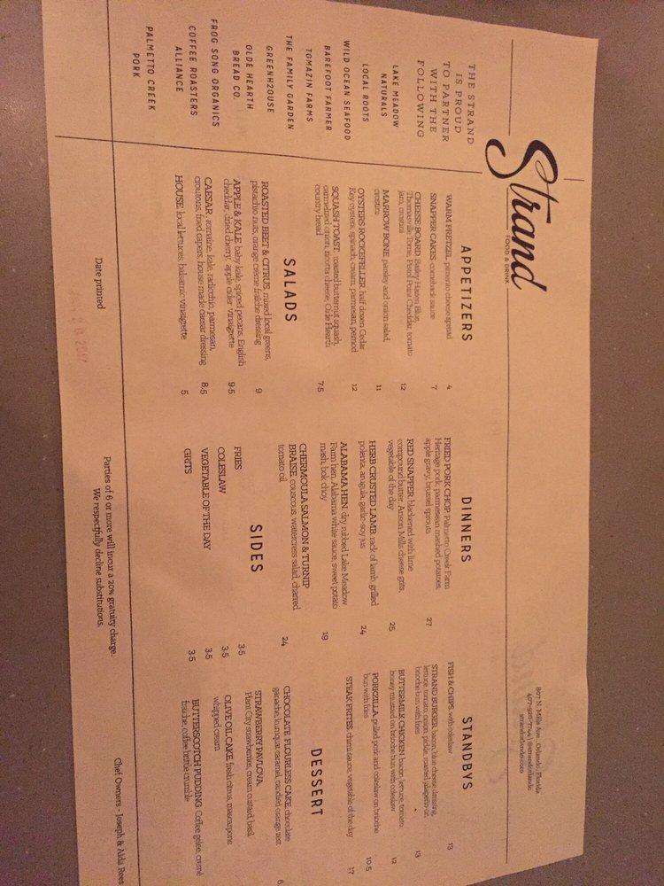 Menu at The Strand restaurant, Orlando