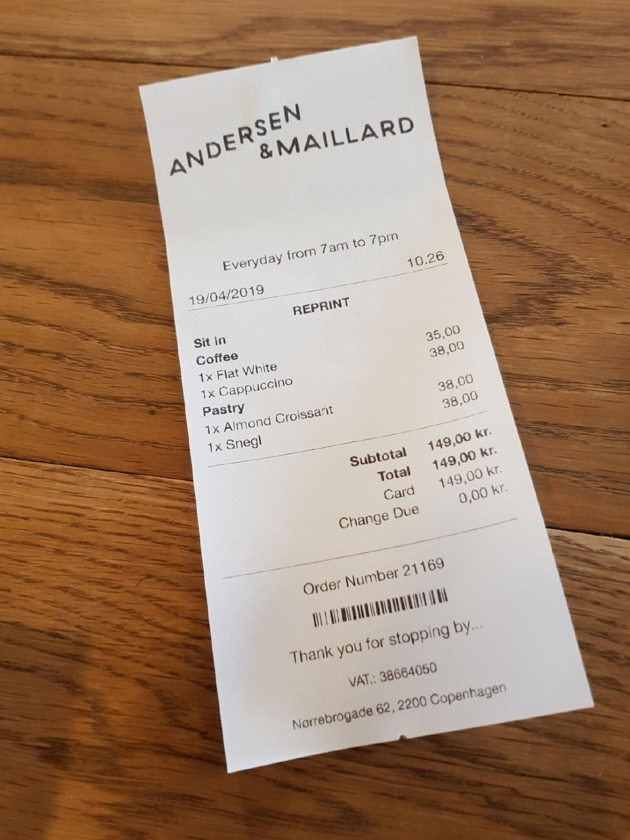 Menu at Andersen & Maillard cafe, Copenhagen, Nørrebrogade 62