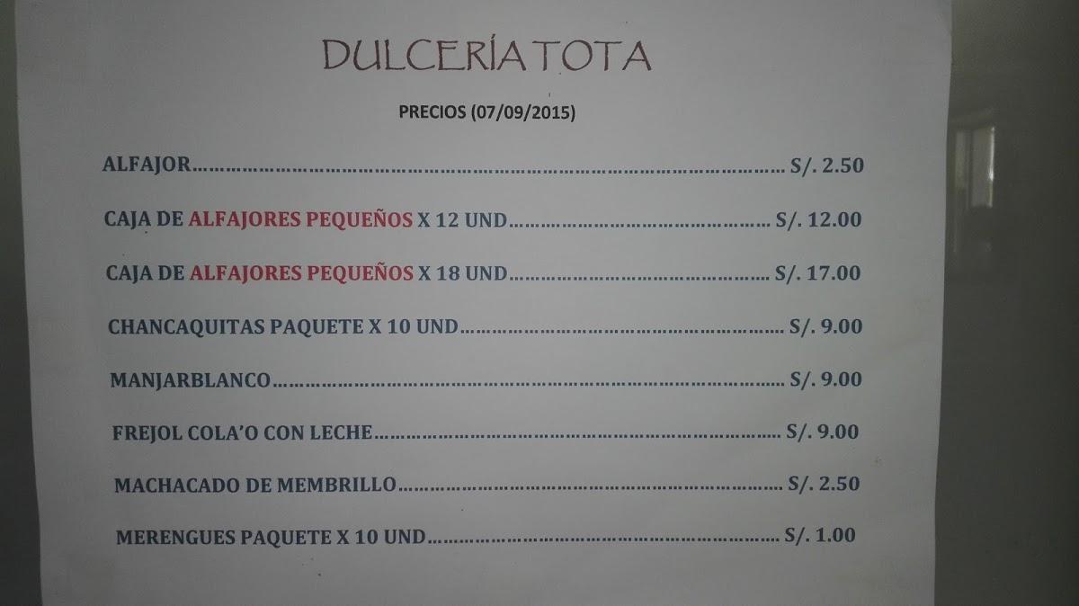 Menu at Dulcería Tota desserts, Pativilca