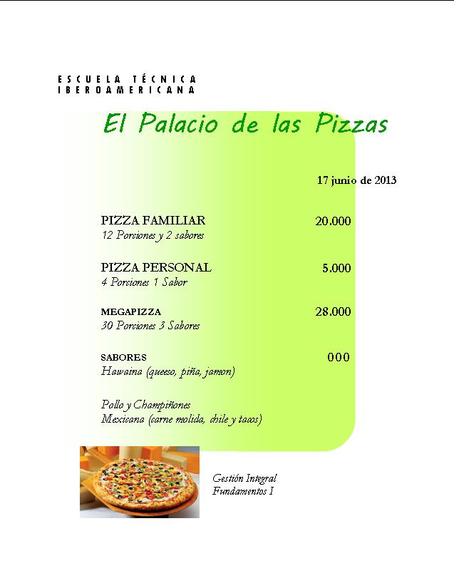 Menu at El Palacio de las Pizzas, Villavicencio
