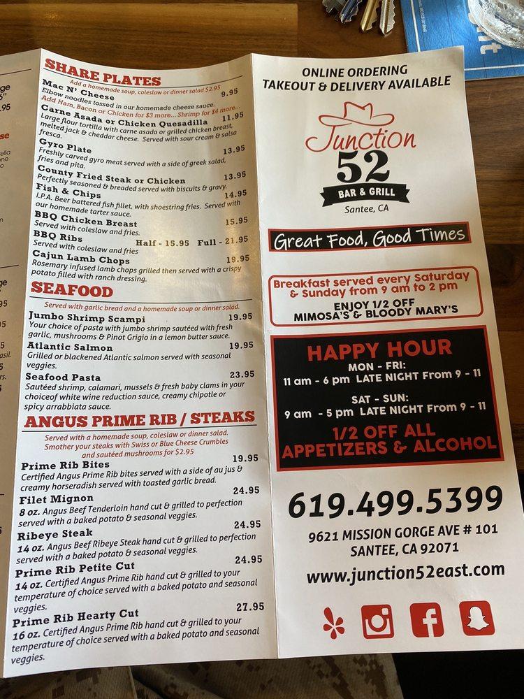 Menu at Junction 52 Bar & Grill, Santee