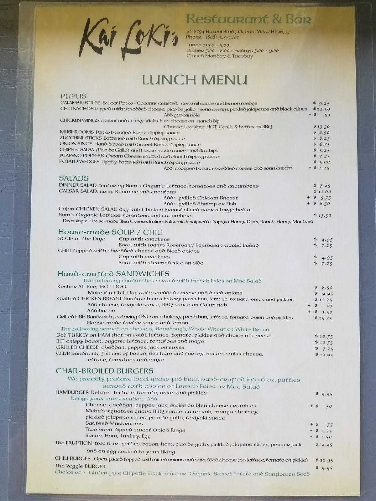 Menu at KaiLoki’s Restaurant Southernmost bar in the U.S, Ocean View