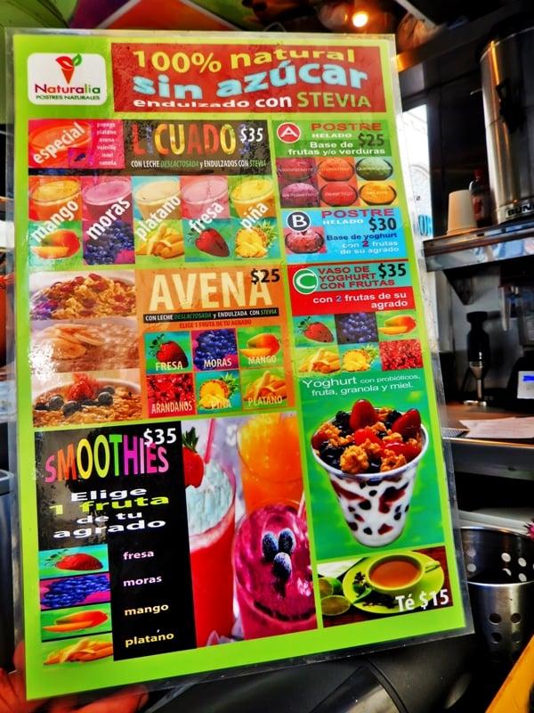 Menu at Naturalia desserts, Tijuana