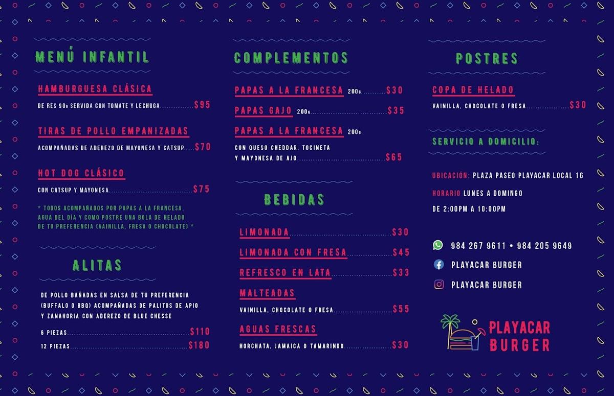 Menu at Playacar Burger restaurant, Playa del Carmen