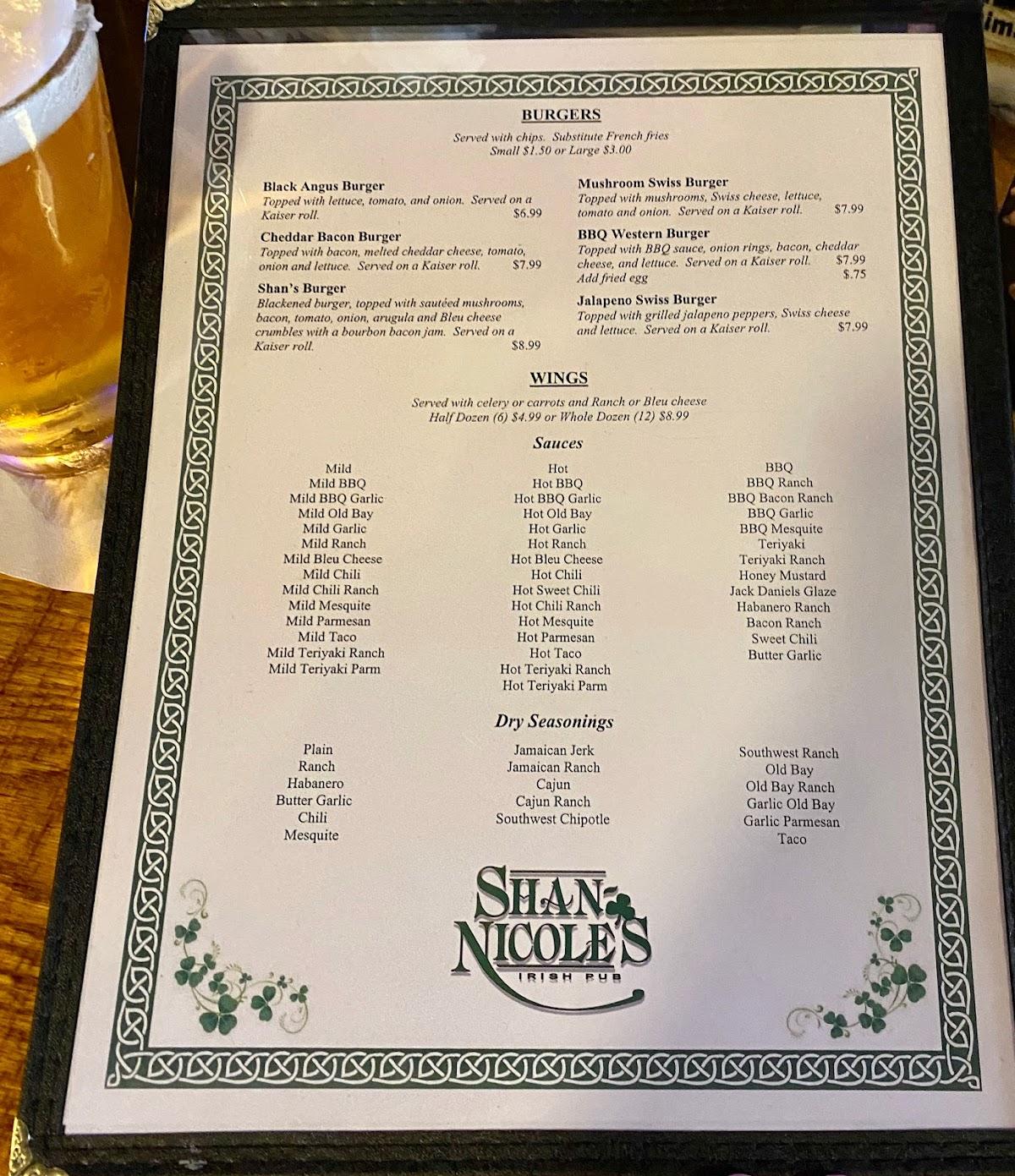 Menu at Shan Nicole's pub & bar, Hollidaysburg