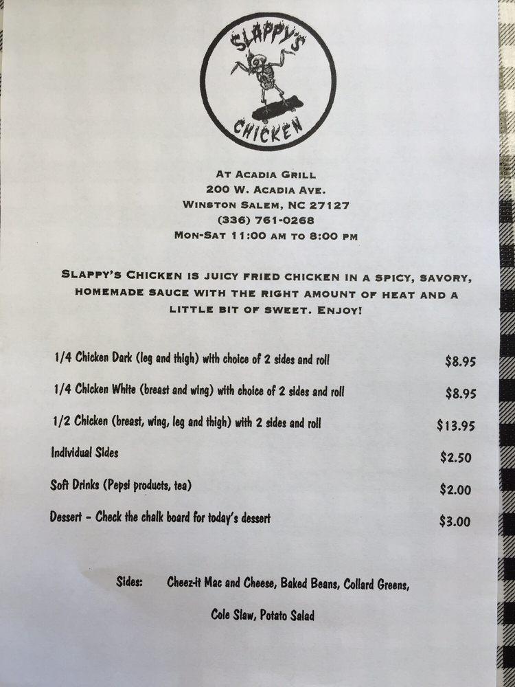 Menu at Slappy's Chicken restaurant, Winston-Salem