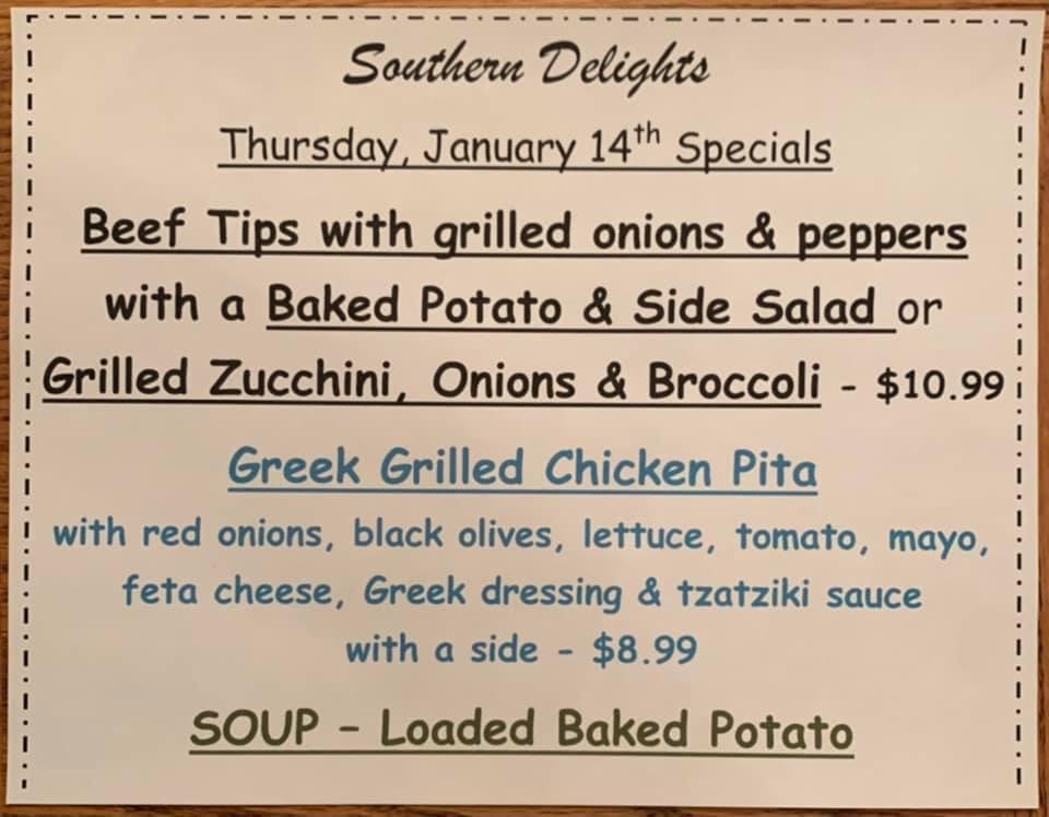 Menu at Southern Delights restaurant, Bennettsville, State Rd S-35-427