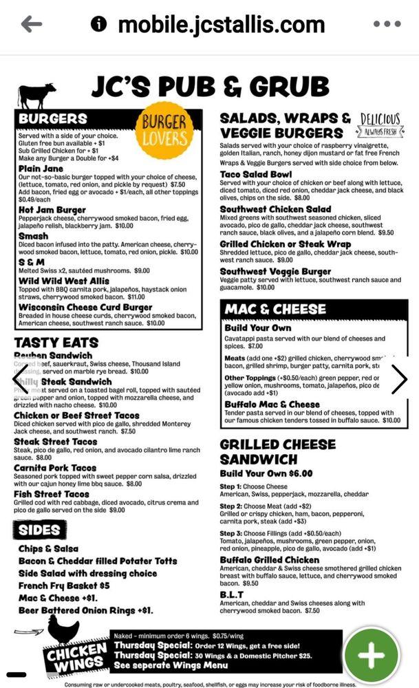 Menu at JC's Pub and Grub, West Allis