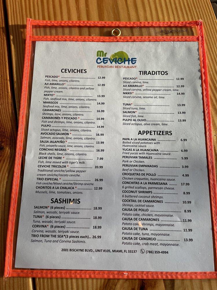 Menu at Mr Ceviche Biscayne Blvd restaurant, Miami