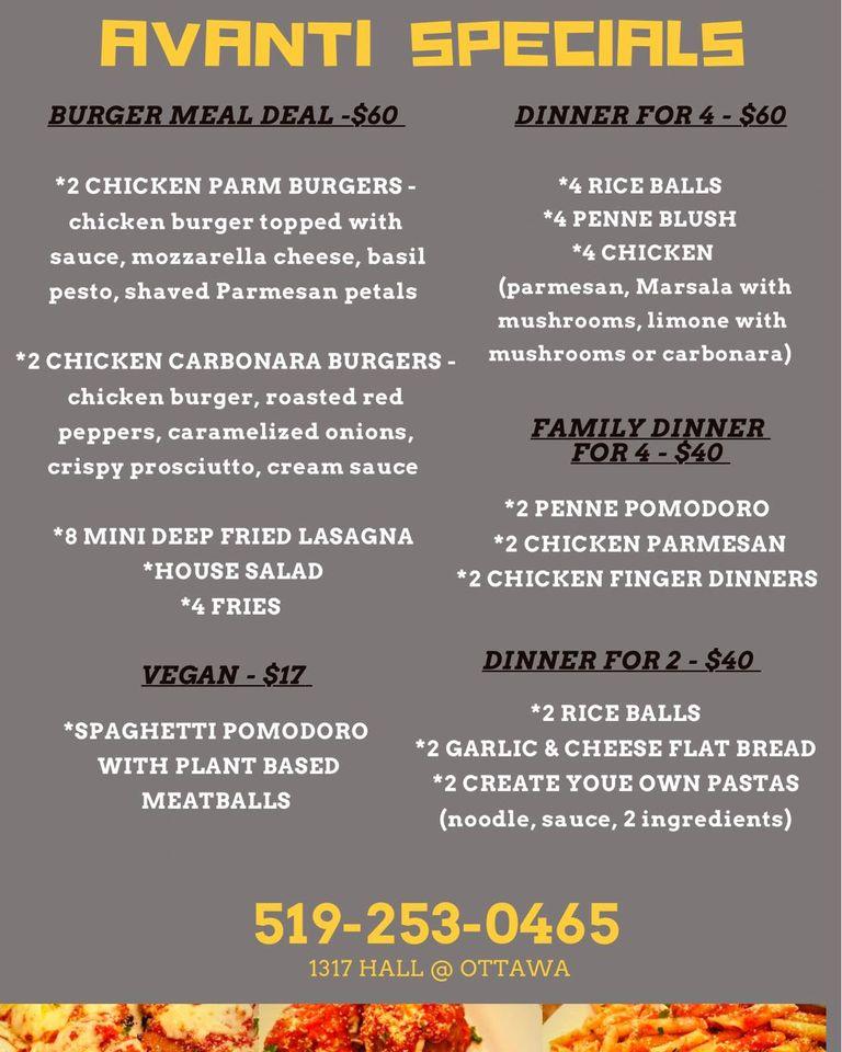Menu at Avanti restaurant, Windsor