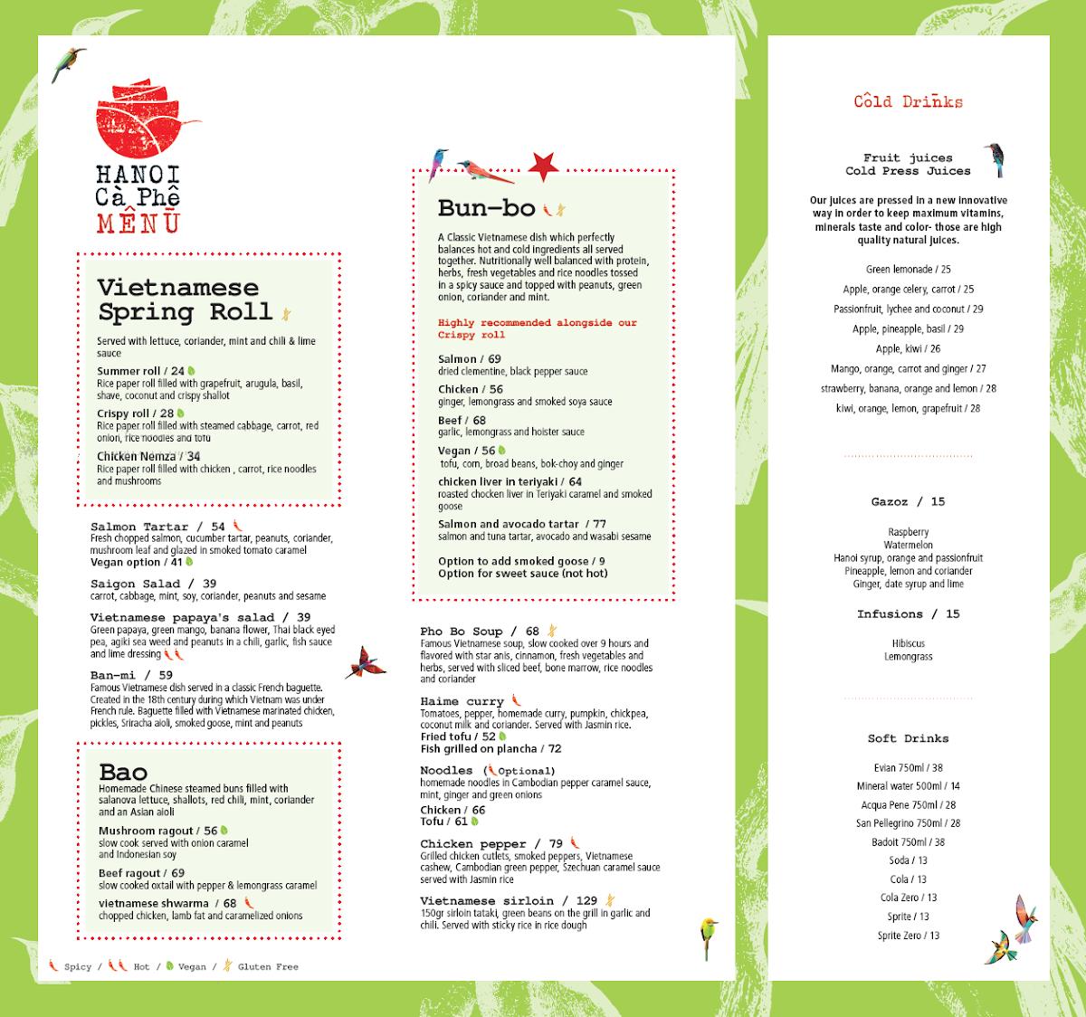 Menu at Ca Phe Hanoi restaurant, Tel Aviv-Yafo
