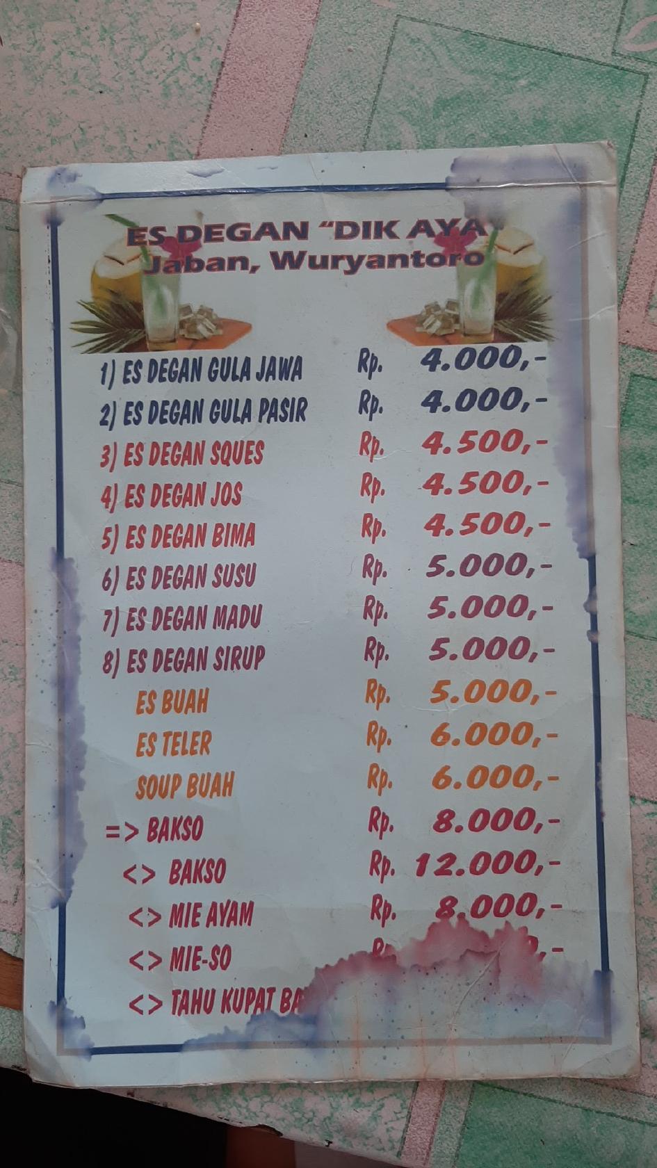 Menu at Es Degan Dik Aya Wuryantoro, Wonogiri