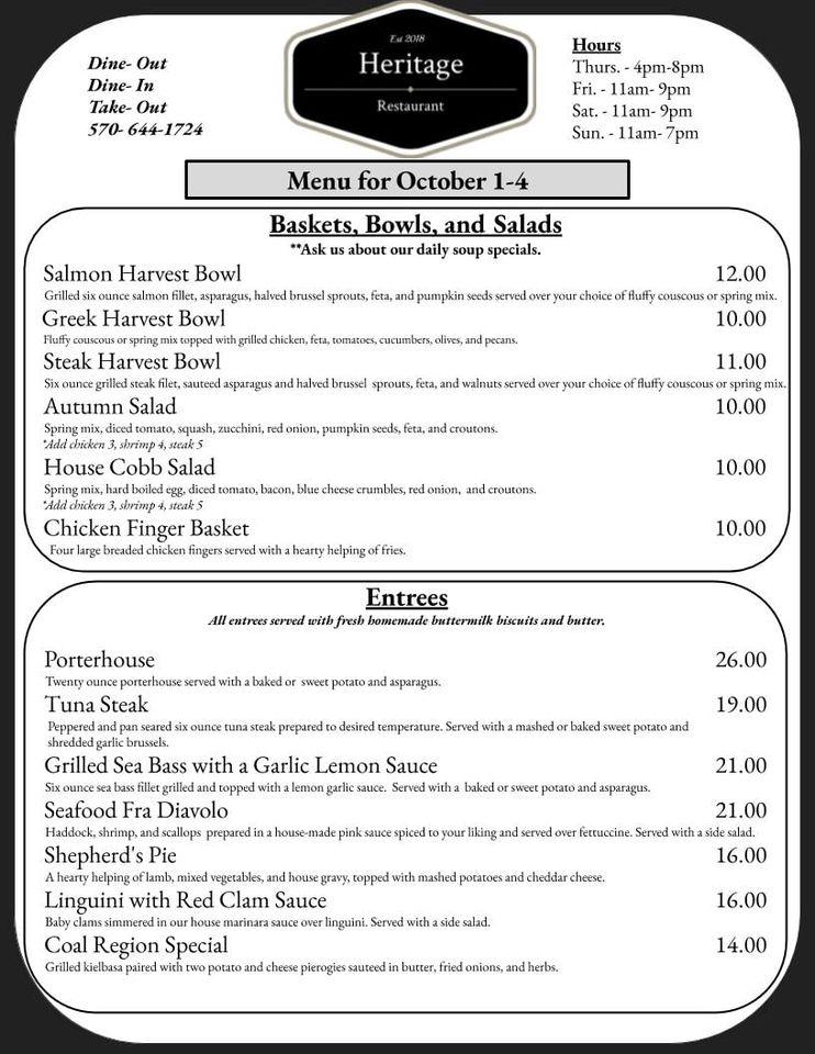Menu at Heritage Restaurant, Shamokin