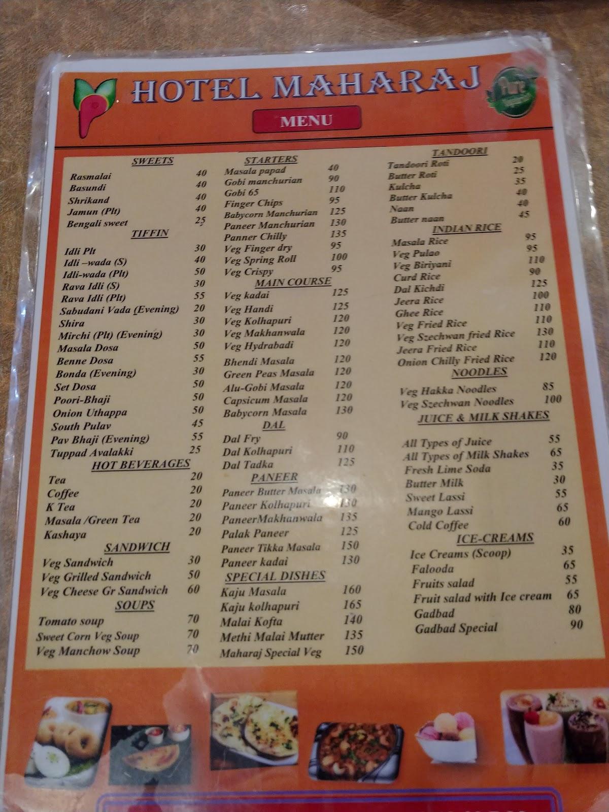 Menu at Maharaja, Dharwad