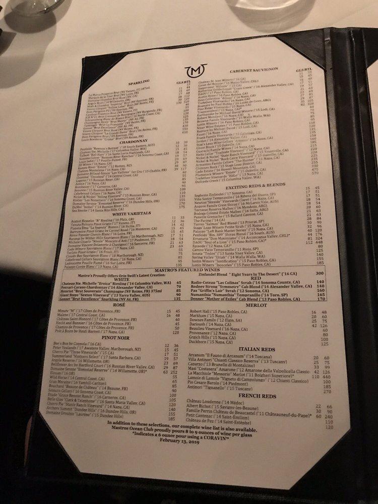Menu at Mastro's Ocean Club, Scottsdale