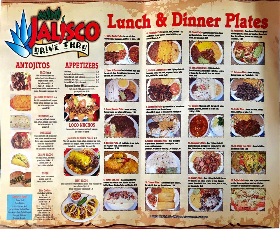Menu at Mini Jalisco Drive Thru restaurant, Gregory