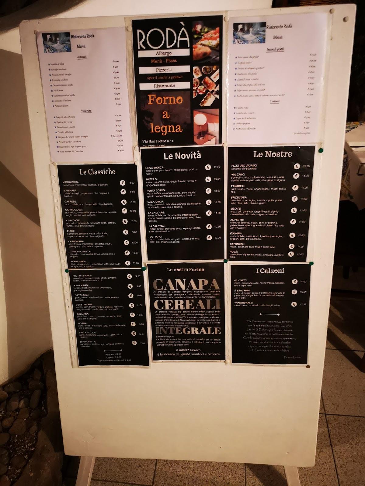 Menu at Pizzeria Roda, Panarea