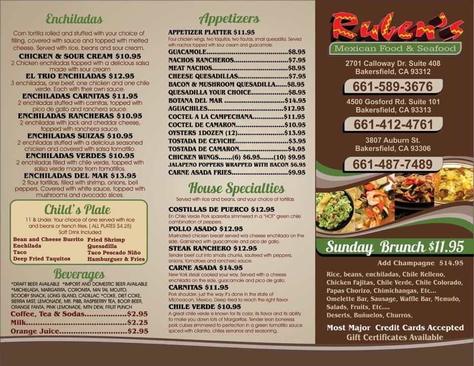 Menu at Ruben's Mexican Restaurant, Bakersfield