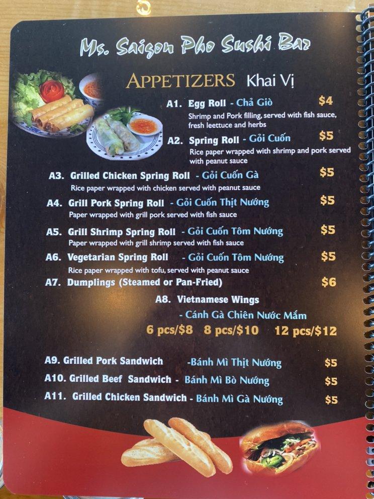 Menu at Ms. Saigon Pho and Grill restaurant, Keller