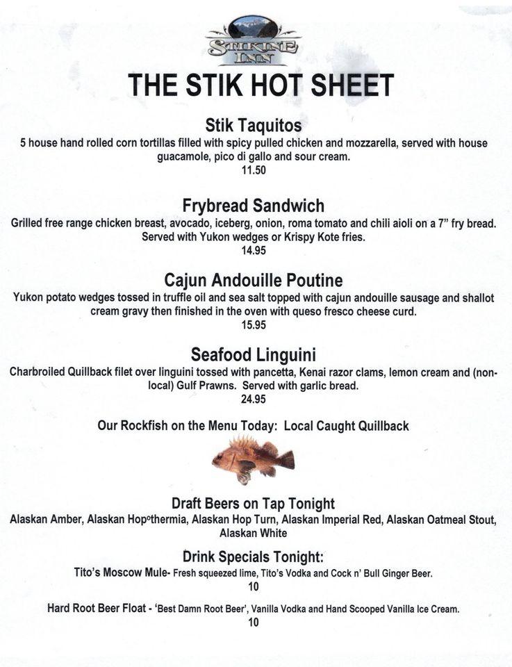 Menu at Stik Cafe, Wrangell