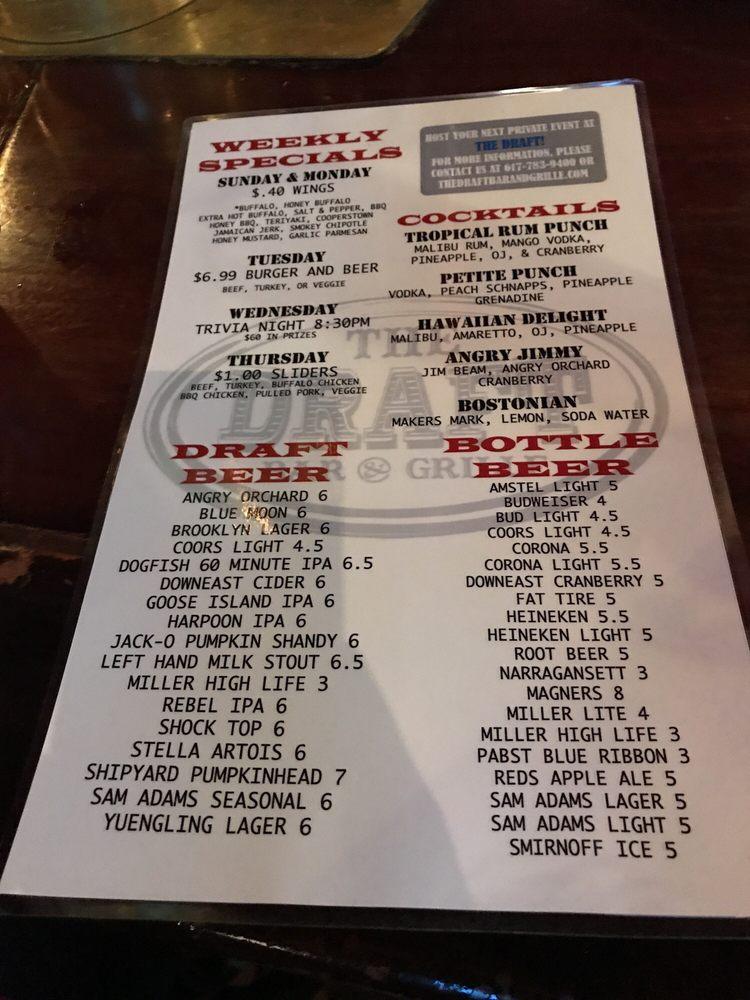 Menu at The Draft Bar and Grille, Boston, 34 Harvard Ave