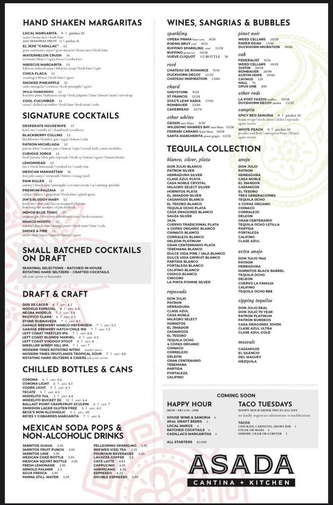 Menu at Asada Cantina + Kitchen pub & bar, San Clemente