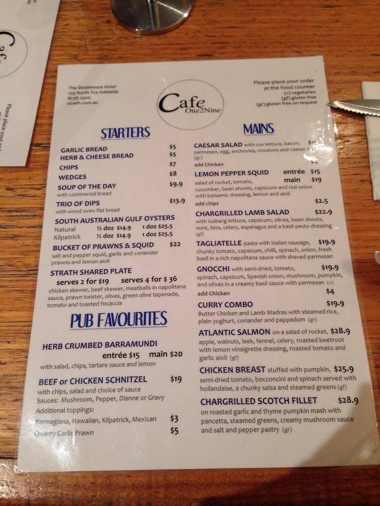 Menu at Cafe One Two Nine, Adelaide