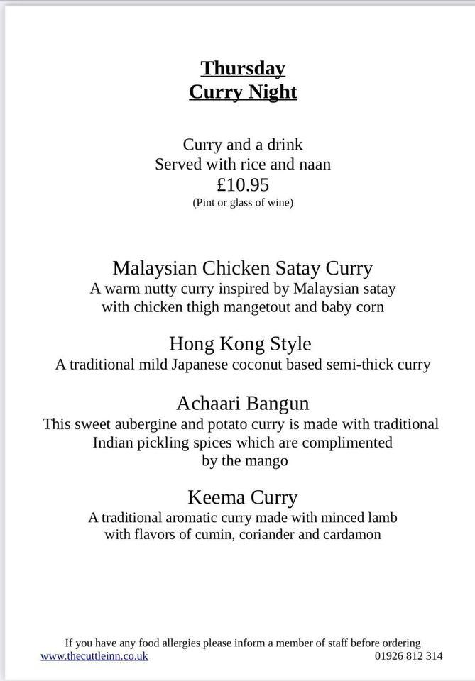 Menu at Cuttle Inn pub & bar, Long Itchington