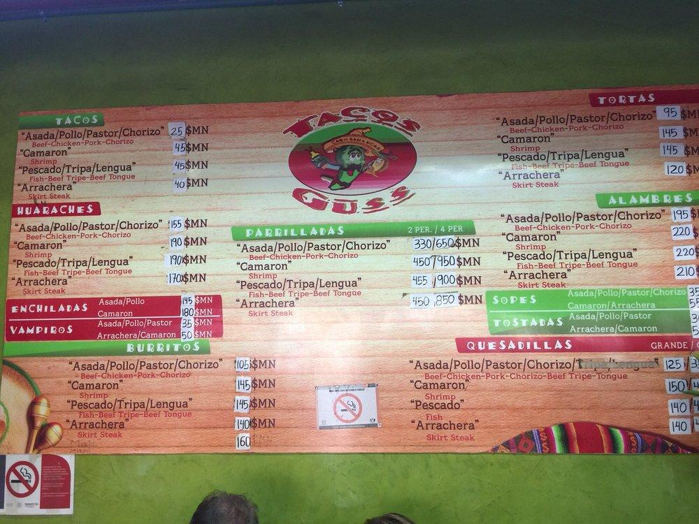 Menu at Guss Tacos restaurant, Cabo San Lucas, Blvd Lazaro Cardenas ...