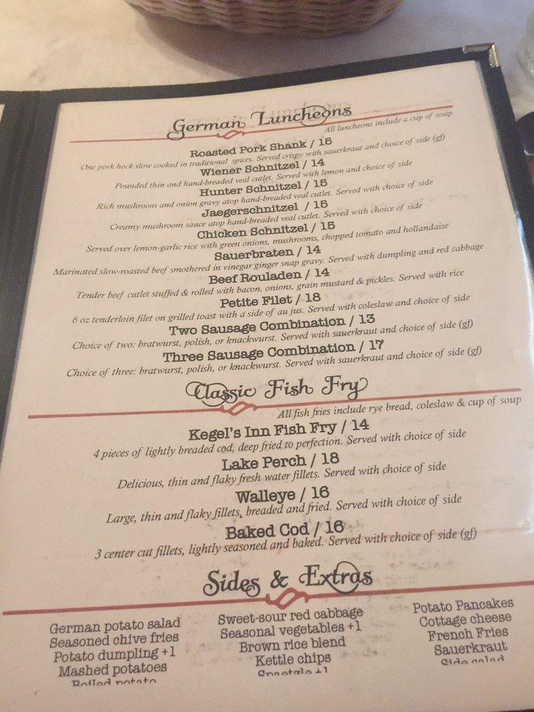 Menu at Kegel's Inn restaurant, West Allis
