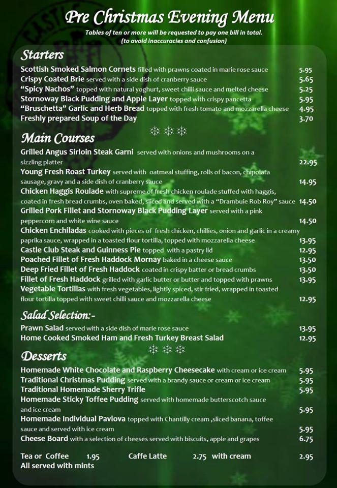 Menu at Castle Club, Forfar