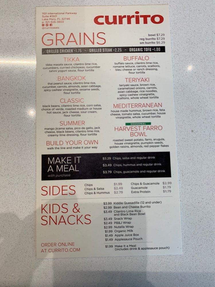 Menu at Currito pub & bar, Lake Mary