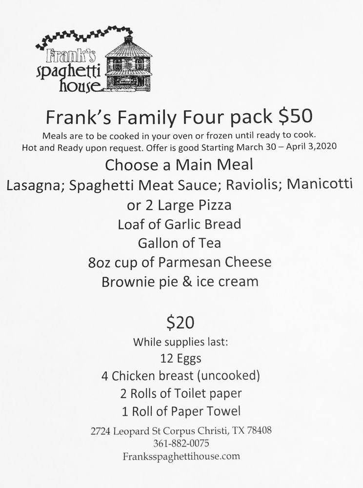 Menu at Frank's Spaghetti House pizzeria, Corpus Christi