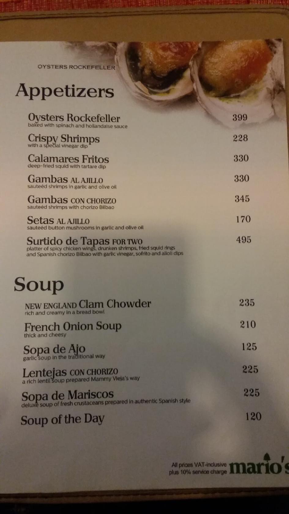 Menu at Mario's 8 Loakan Road, Baguio City steakhouse, Baguio