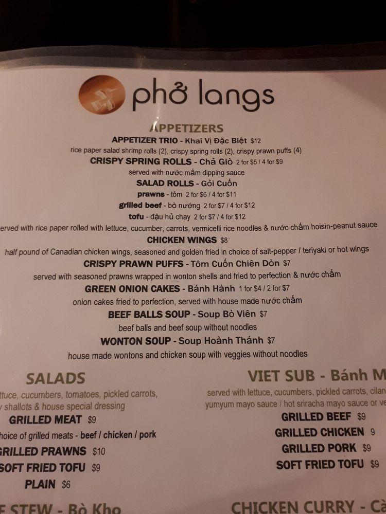 Menu at Pho Langs restaurant, Edmonton, 107 St NW