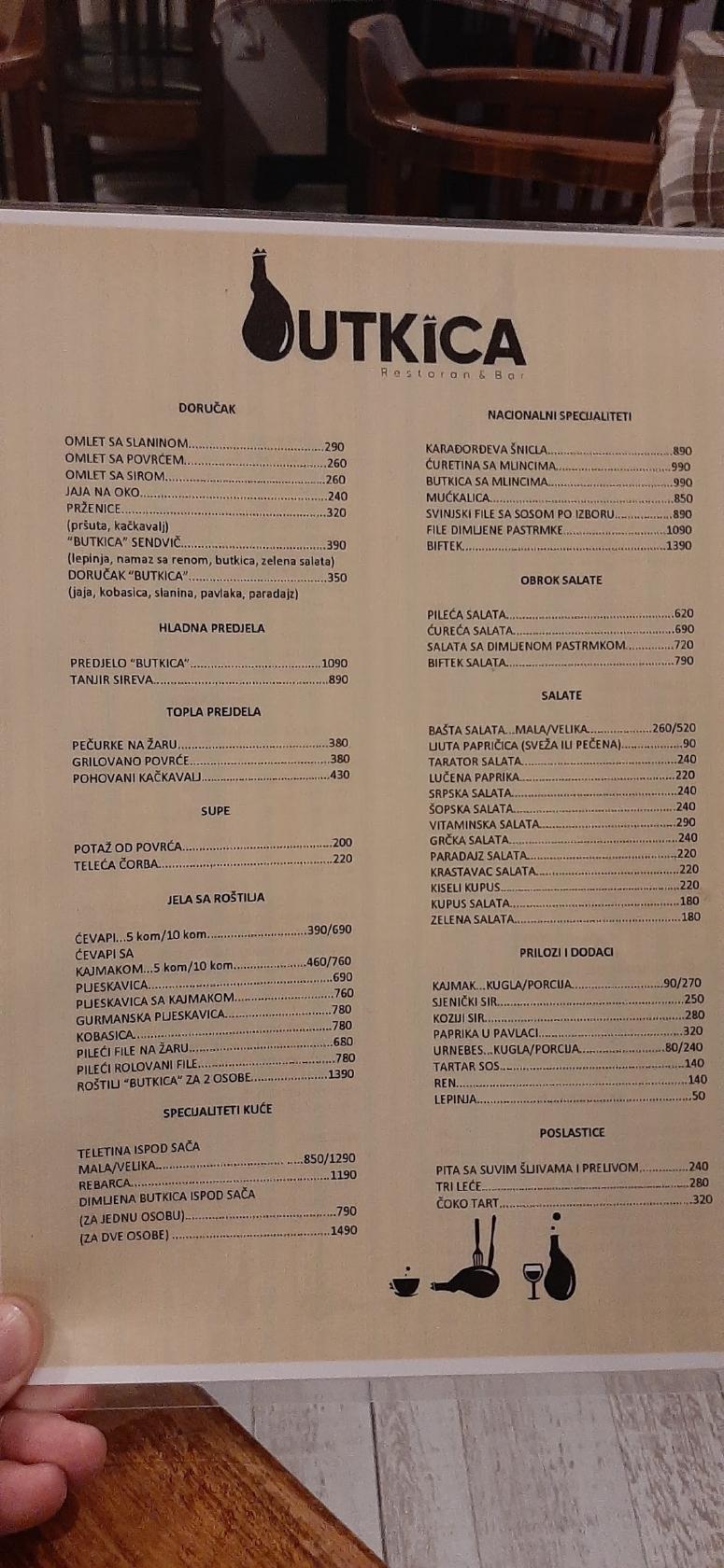 Menu at Restoran Butkica restaurant, Belgrade