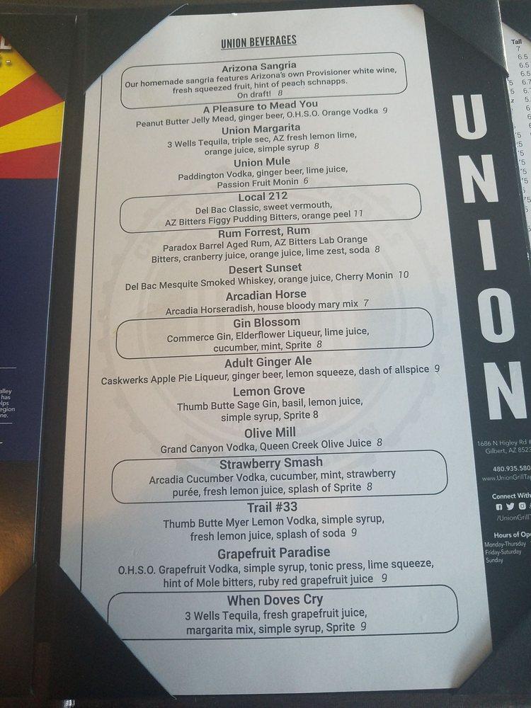 Menu at Union Grill and Tap restaurant, Gilbert