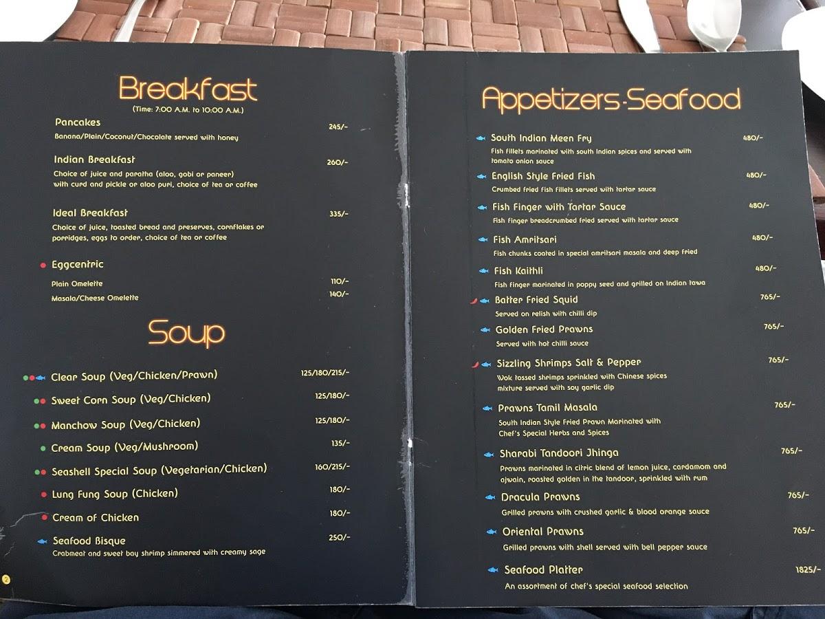 Menu at White Lotus Restaurant, Sea Shell Havelock, India