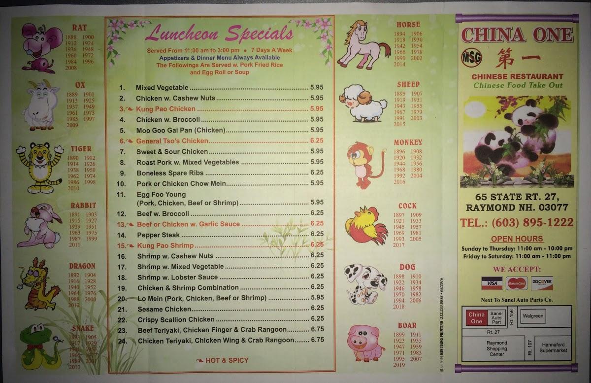 Menu at China One restaurant, Raymond