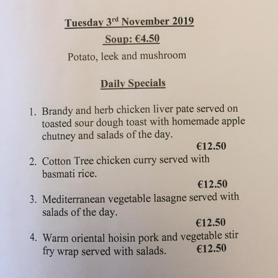 Menu at Cotton Tree Cafe, Enniscorthy
