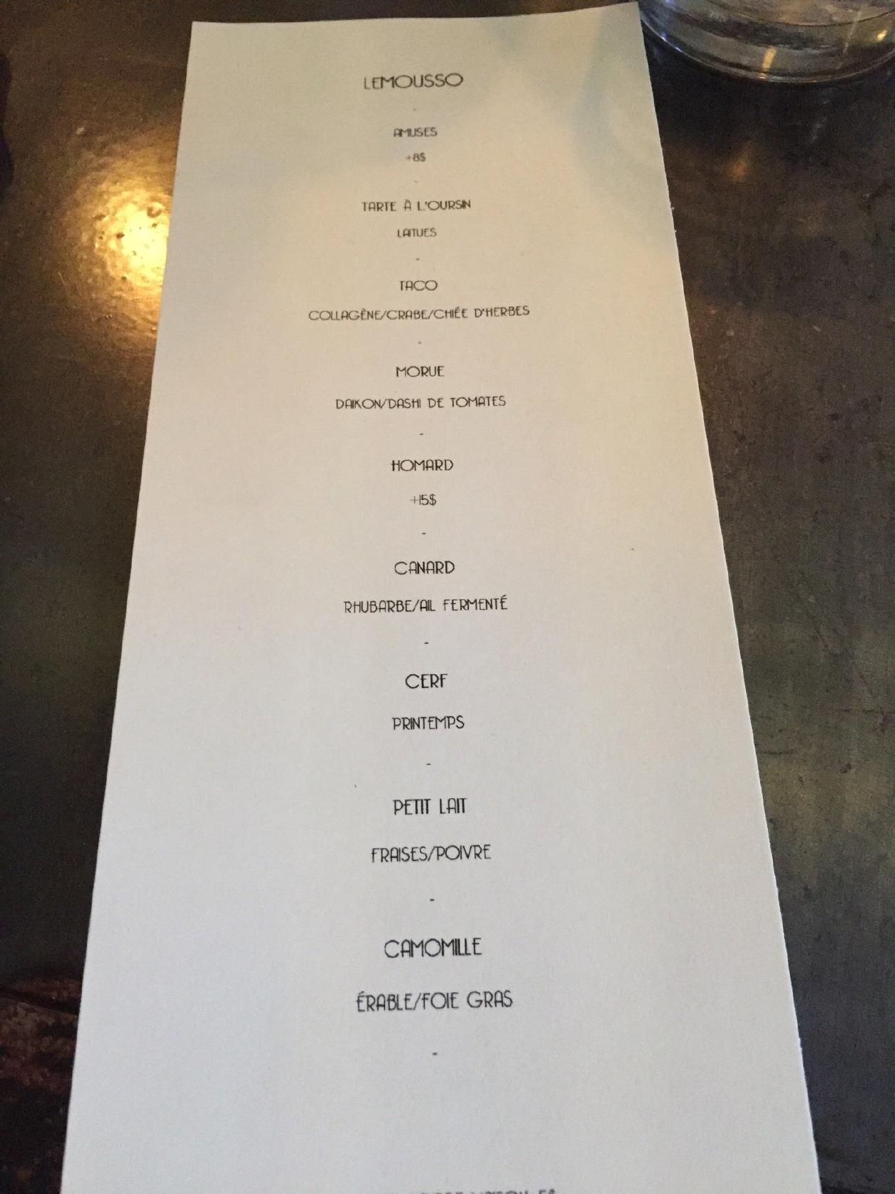 Carta del restaurante Le Mousso, Montreal, Ontario St E