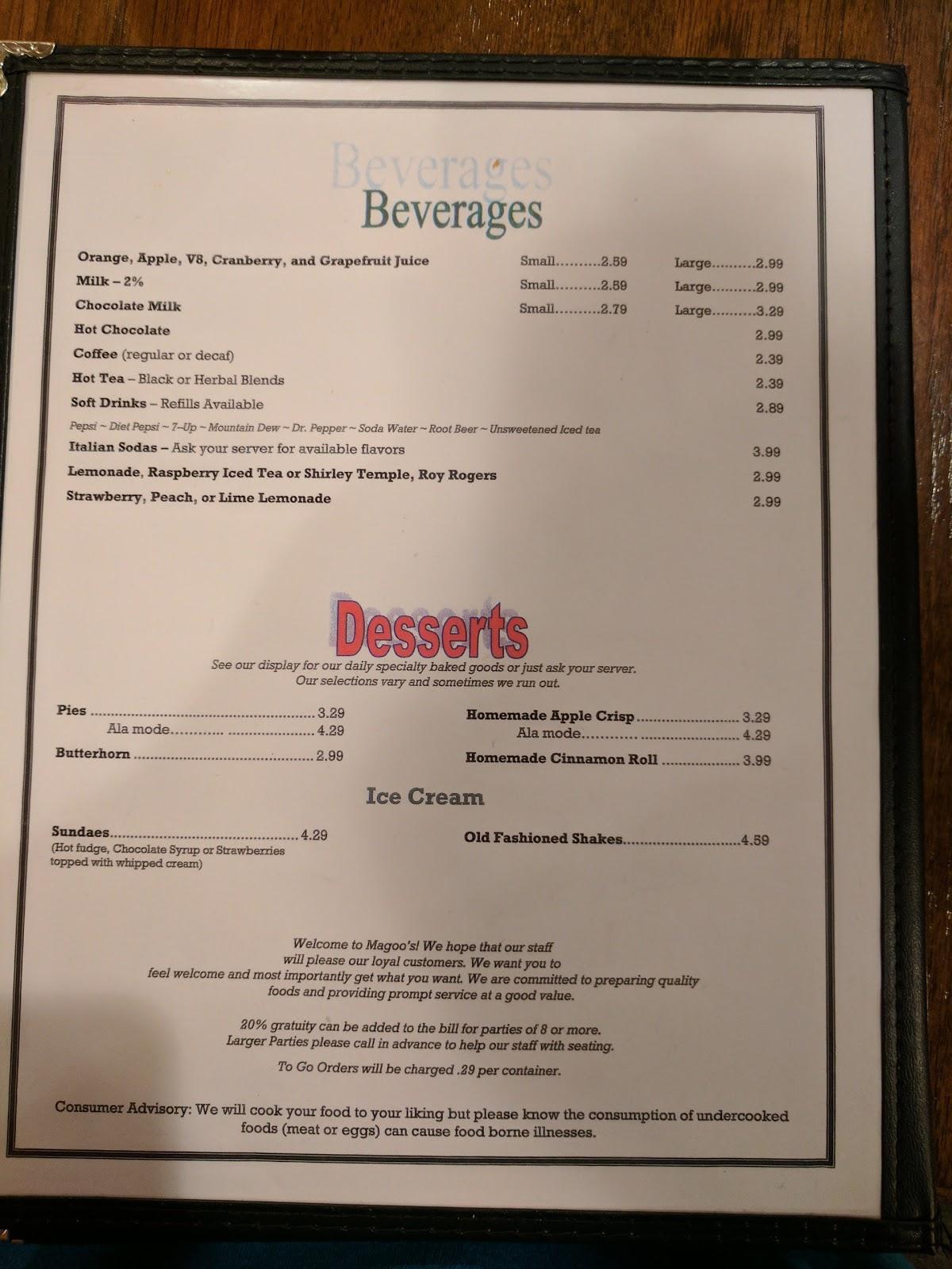 Menu at Magoo's Restaurant, Omak