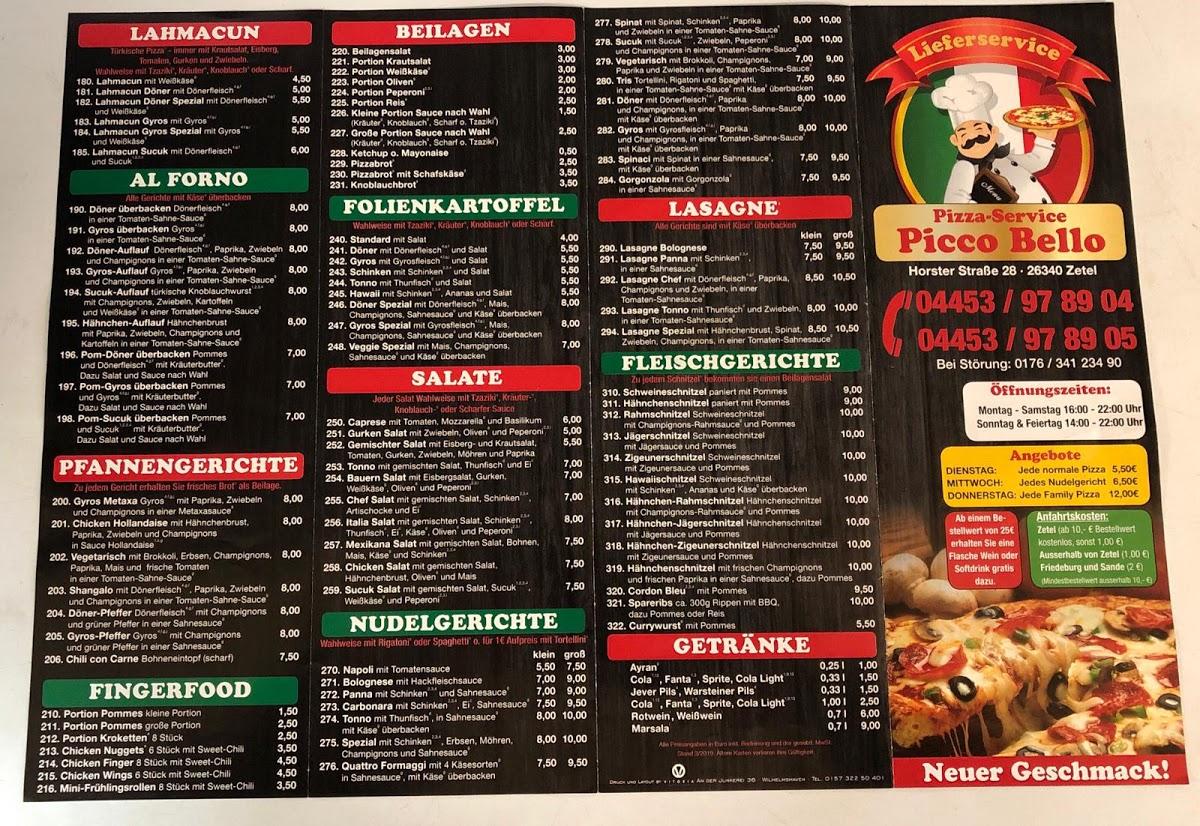 Speisekarte von Picco Bello Lieferservice Zetel pizza, Zetel