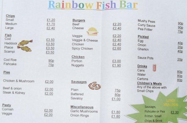 Menu at Rainbow Fish Bar, Brockenhurst